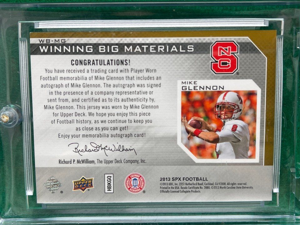 2013 SPx Winning Big Materials Mike Glennon #WB-MG Rookie RC NC STATE 3 ...