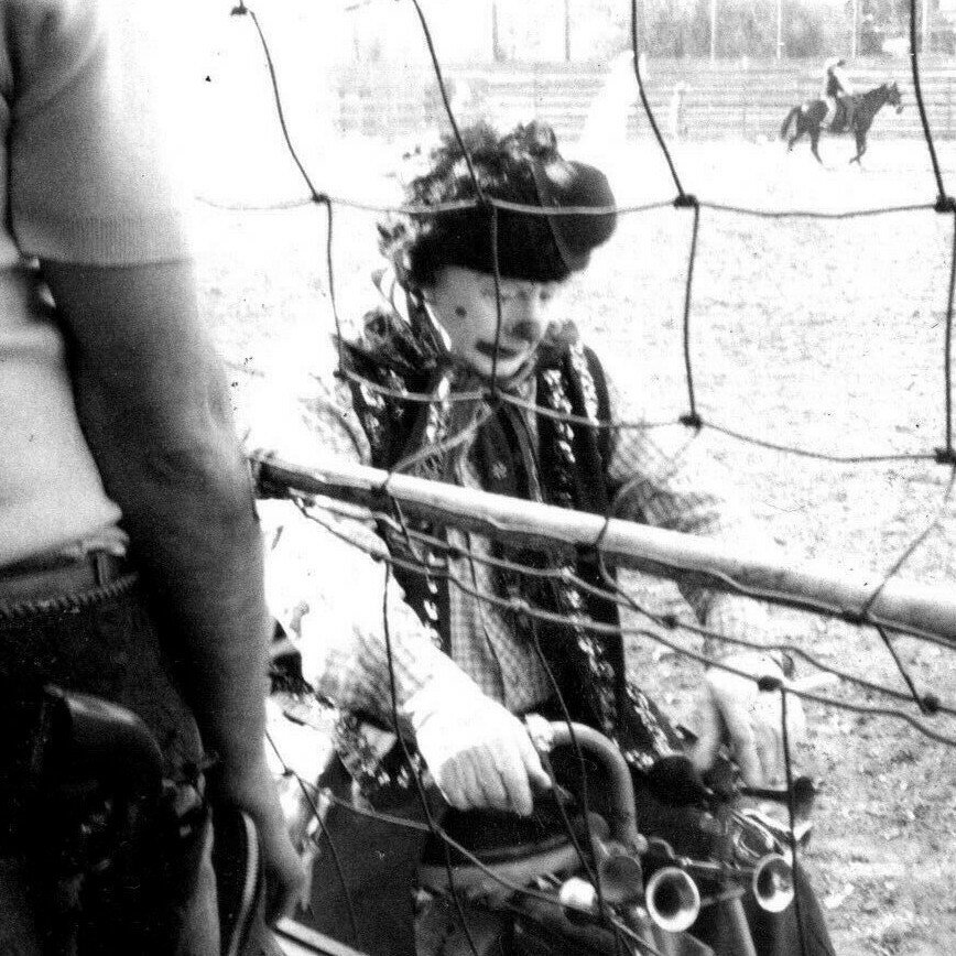 Vtg Photograph Rodeo Clown Motorcycle Pistol Revolver Horse Cowboy BW ...