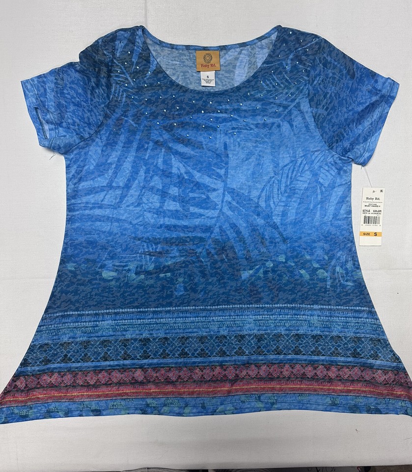 Ruby Rd Tunic Top Shirt Blouse Women Small Stretch Short Sleeve Blue ...