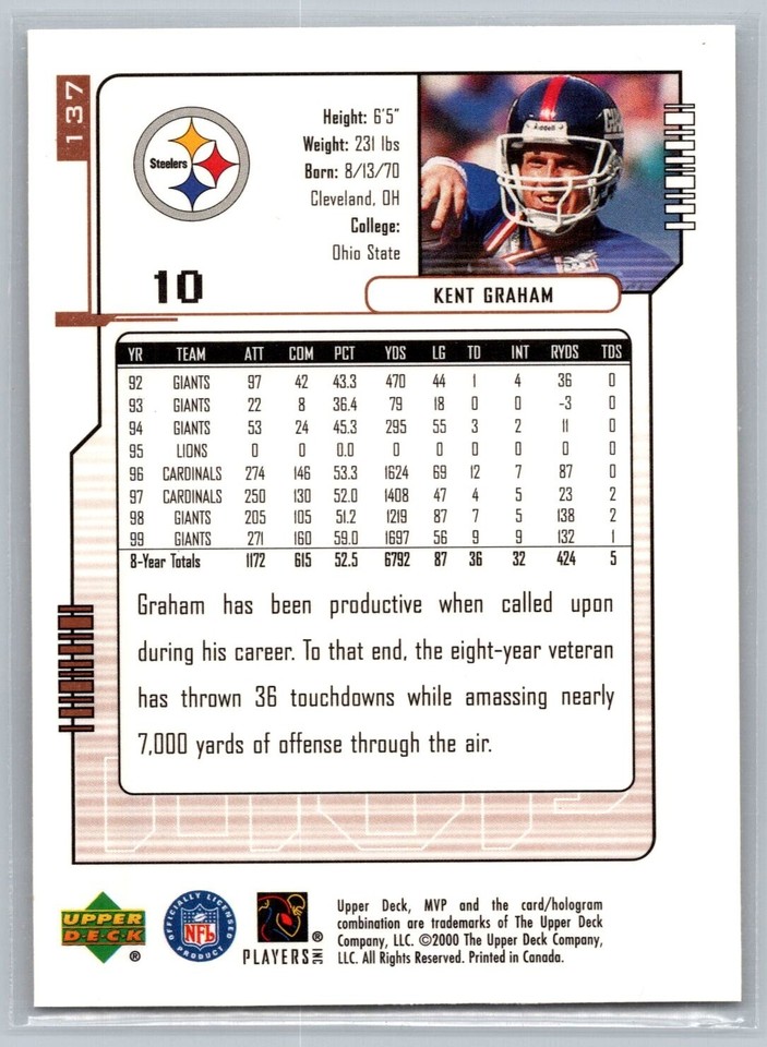 2000 UPPER DECK MVP CARD # 137 Kent Graham - Pittsburgh Steelers | eBay