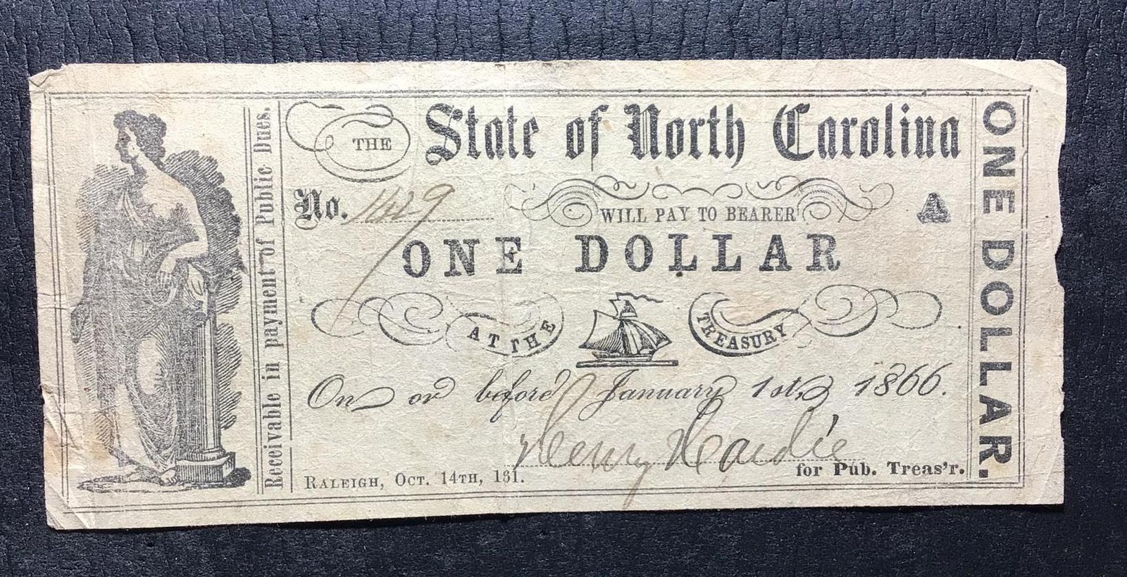 1861 $1 US "State of North Carolina" Treasurer Bearer Note VG! Old US ...