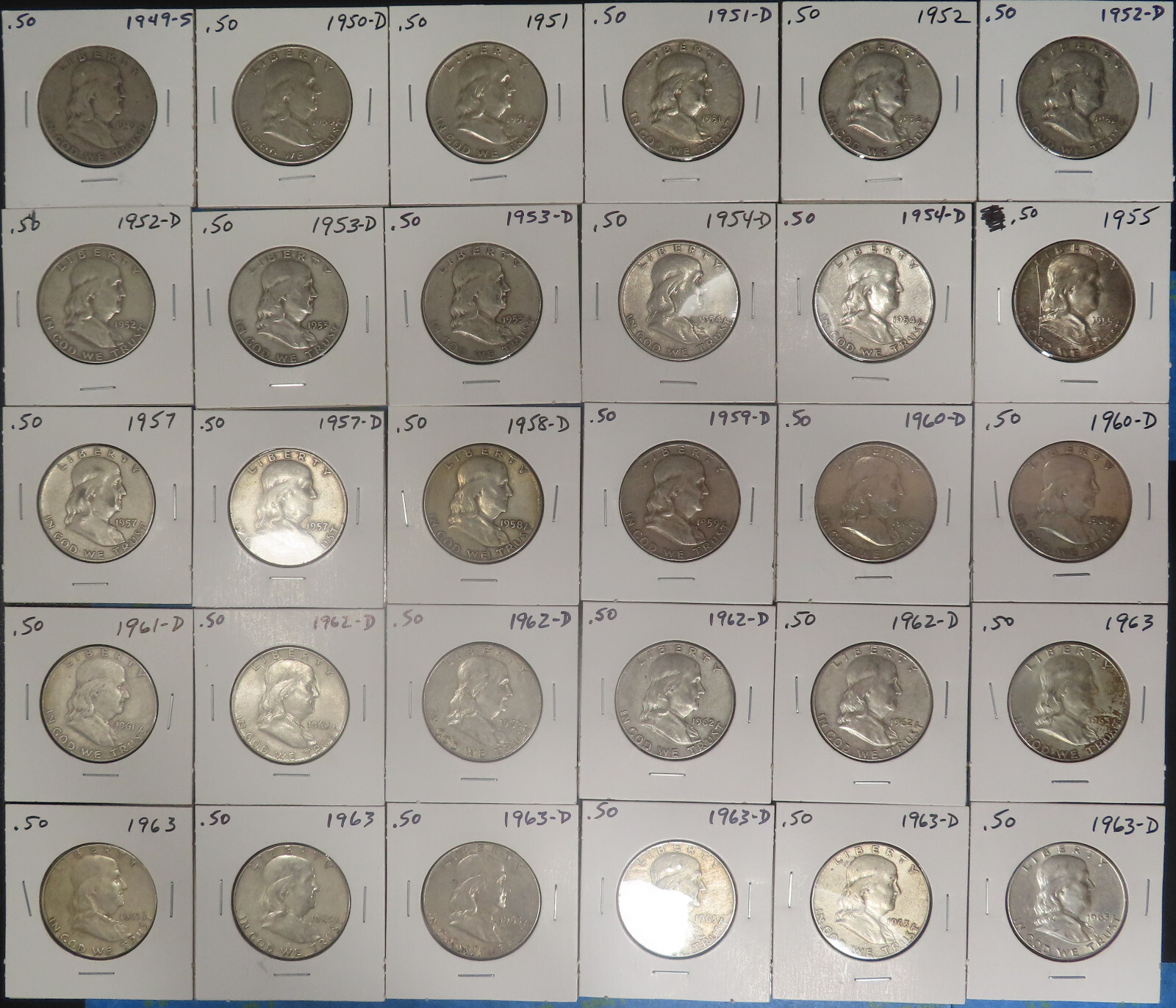 Lot of 30 Average Circulated Ben Franklin Silver Half Dollars in Window ...