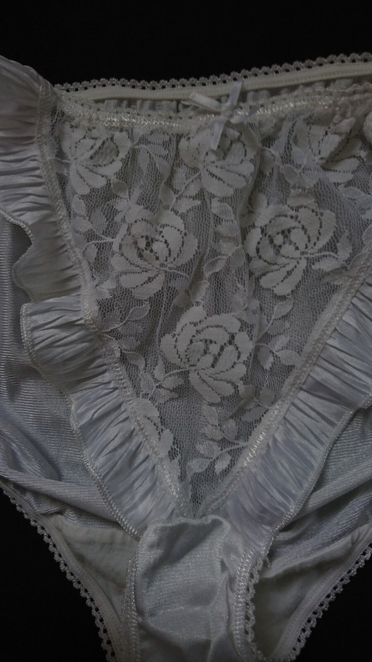 VTG GLOSSY FRILLED LEG TANGA KNICKERS/PANTIES SHEER FLORAL LACE PANEL 8 ...