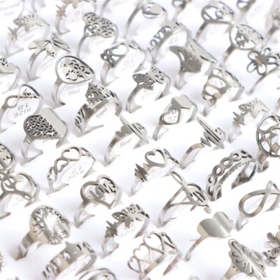 50pcs/Lot Mix Style Silver Stainless Steel Laser Cut Rings for Women ...