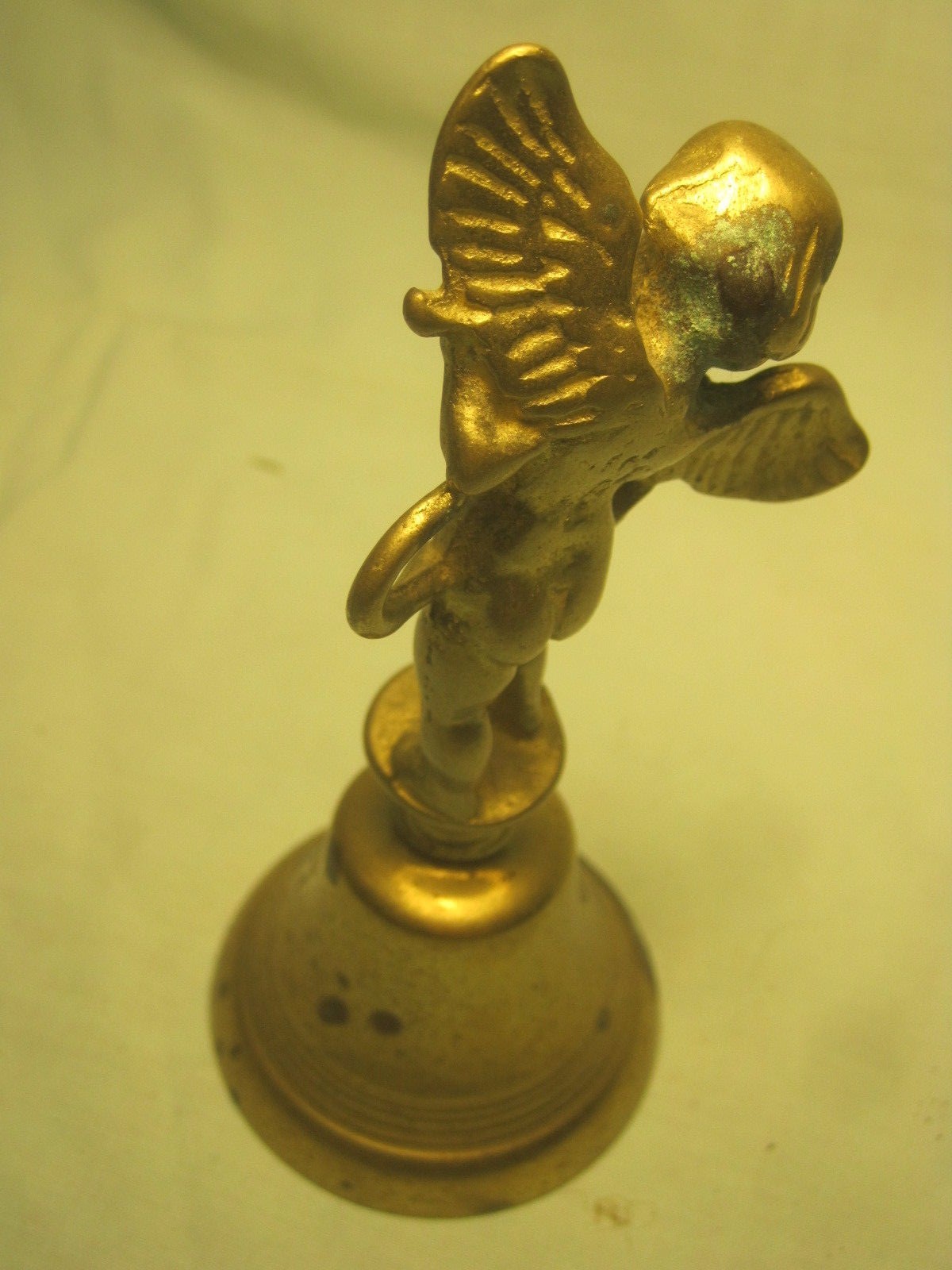 vintage solid brass angle figural cherub bell ring ding 5 3/4" dinger ...