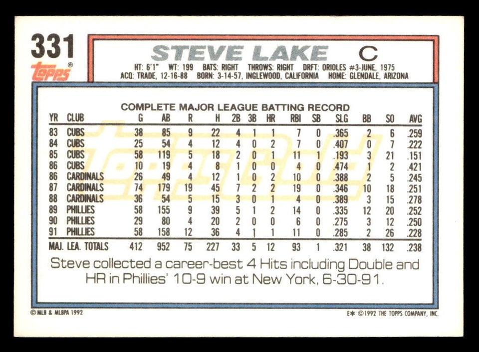 Steve Lake 1992 Topps Card #331 Philadelphia Phillies | eBay