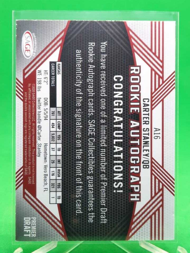 CARTER STANLEY SAGE HIT PREMIER DRAFT AUTOGRAPH AUTO RC KANSAS JAYHAWKS ...