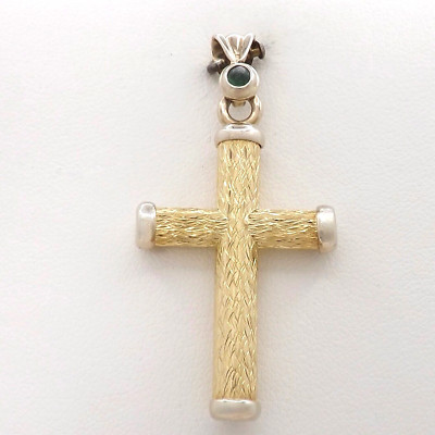 14K Gold Emerald Tubular Cross Pendant Two Tone Diamond Cut Italy New ...