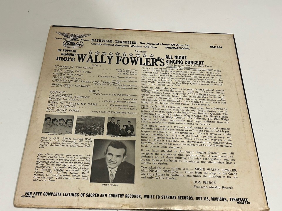 Wally Fowler All Night Singing Vol 2 Gospel Music LP 101 | eBay