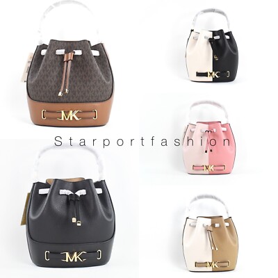 Michael Kors Reed Medium Leather Bucket Signature MK Crossbody Bag | eBay