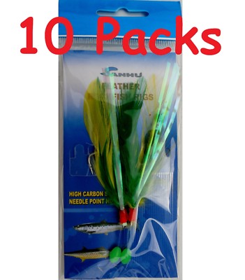 10 Packs 5/0 Rock Cod Rigs Feather 2 hooks Green/yellow Feather ...