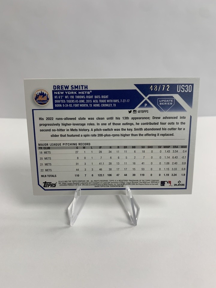 Drew Smith 2023 Topps Update Black Border Parallel # /72 NY Mets T22 | eBay