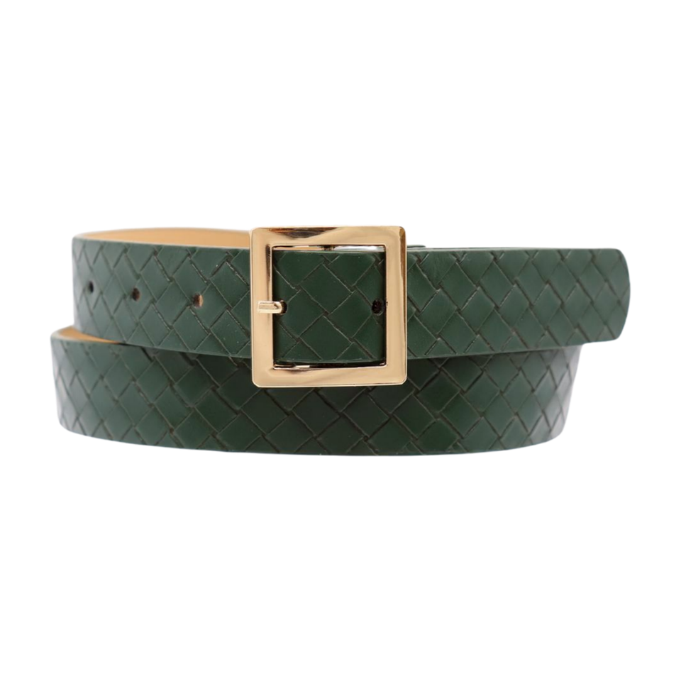 Women Green Basket Weave Skinny Classic Style Belt Gold Square Buckle ...