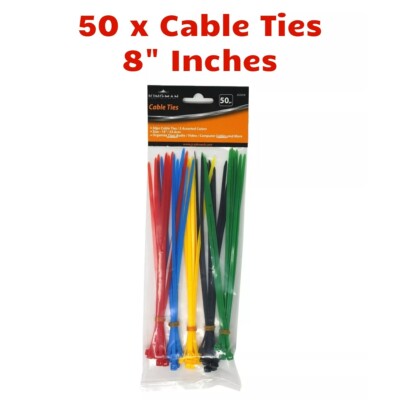 50pcs Cable Ties Pack 8" inch 5 Color Zip Ties Office Home Computer ...