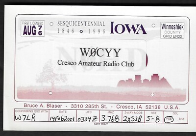 QSL Radio CARD"W0CYY,Bruce A. Blaser,Winneshiek Co.,01",Cresco,Iowa ...