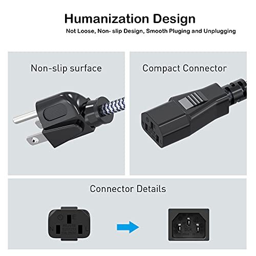 Power Cord 3 Prong AC Power Cable 6.6FT2m Nylon Braided Replacement 3 ...