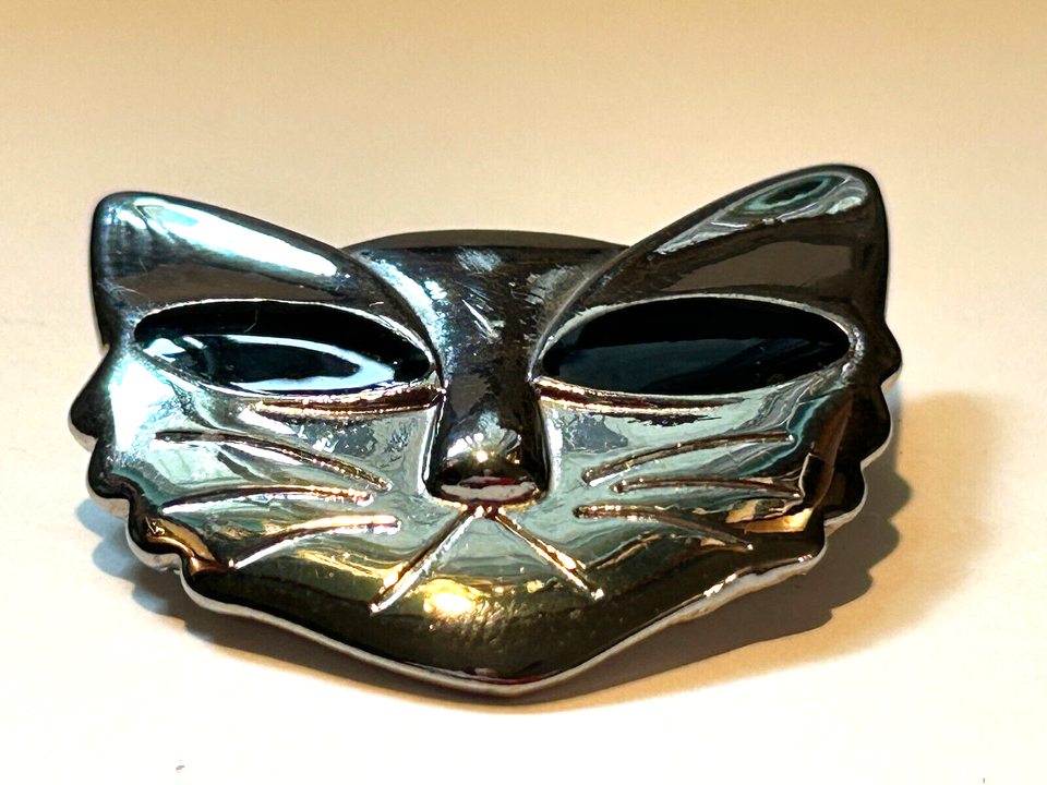 Vintage Silver Cat Kitty Brooch Pin With Black Stone Alien Eyes ...