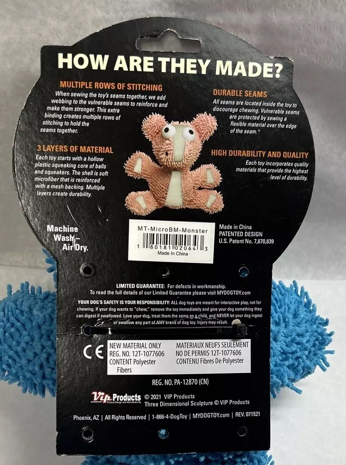 Tuffy Mighty Micro Fiber Ball Monster Dog Squeaker Toy Durable Floats M ...