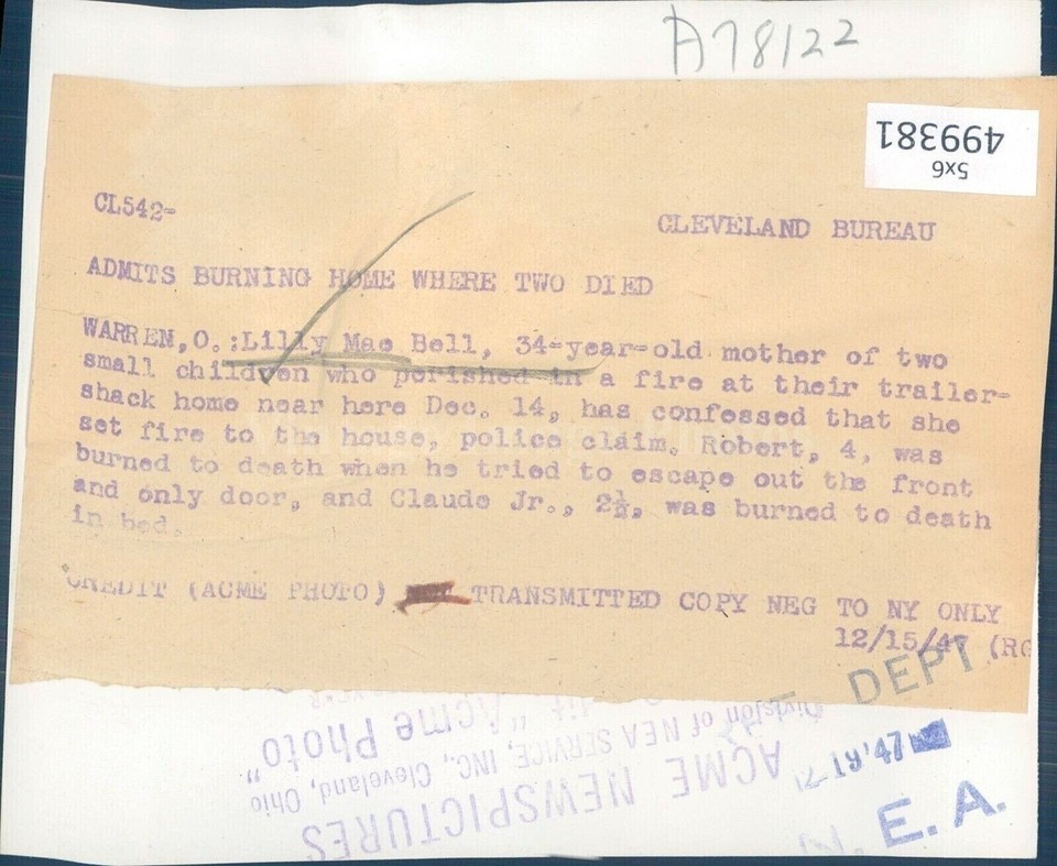 1947 Lilly Mae Bell Mother Children Perished Fire Warren Crime 5x6 ...