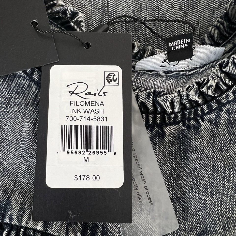 Rails Filomena Faux Denim Cap Ruffle Sleeve Top Blue Ink Wash Sz M NEW ...