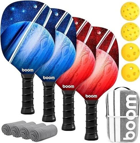 BOOM MOMENTS PICKLEBALL SET OF 4 EACH -PADDLES,BALLS, HAND TOWELS IN ...