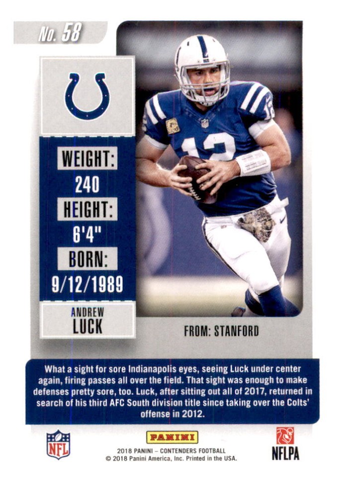 2018 Contenders Andrew Luck NFL Base Card PWE Set Break Colts #58 | eBay