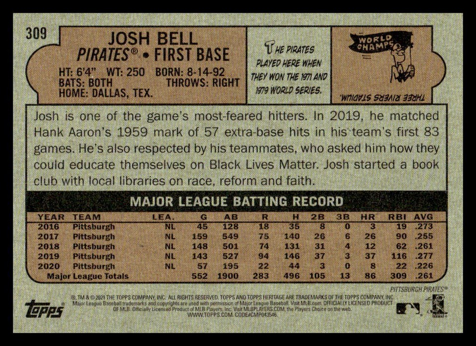 2021 Topps Heritage #309 Josh Bell Pittsburgh Pirates | eBay