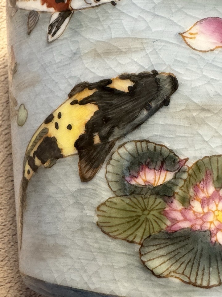 Vintage Hand Painted Koi Fish Water Lily Planter Pot Vase Damaged ...