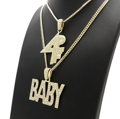 Iced Gold Plated Lil BABY 4PF Pendant & 20" 24" Box Cuban Chain Hip Hop ...