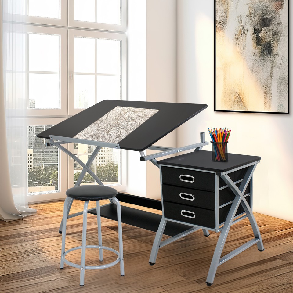 Drafting Table and Stool Set Drawing Drafting Desk w/Drawers Artists ...