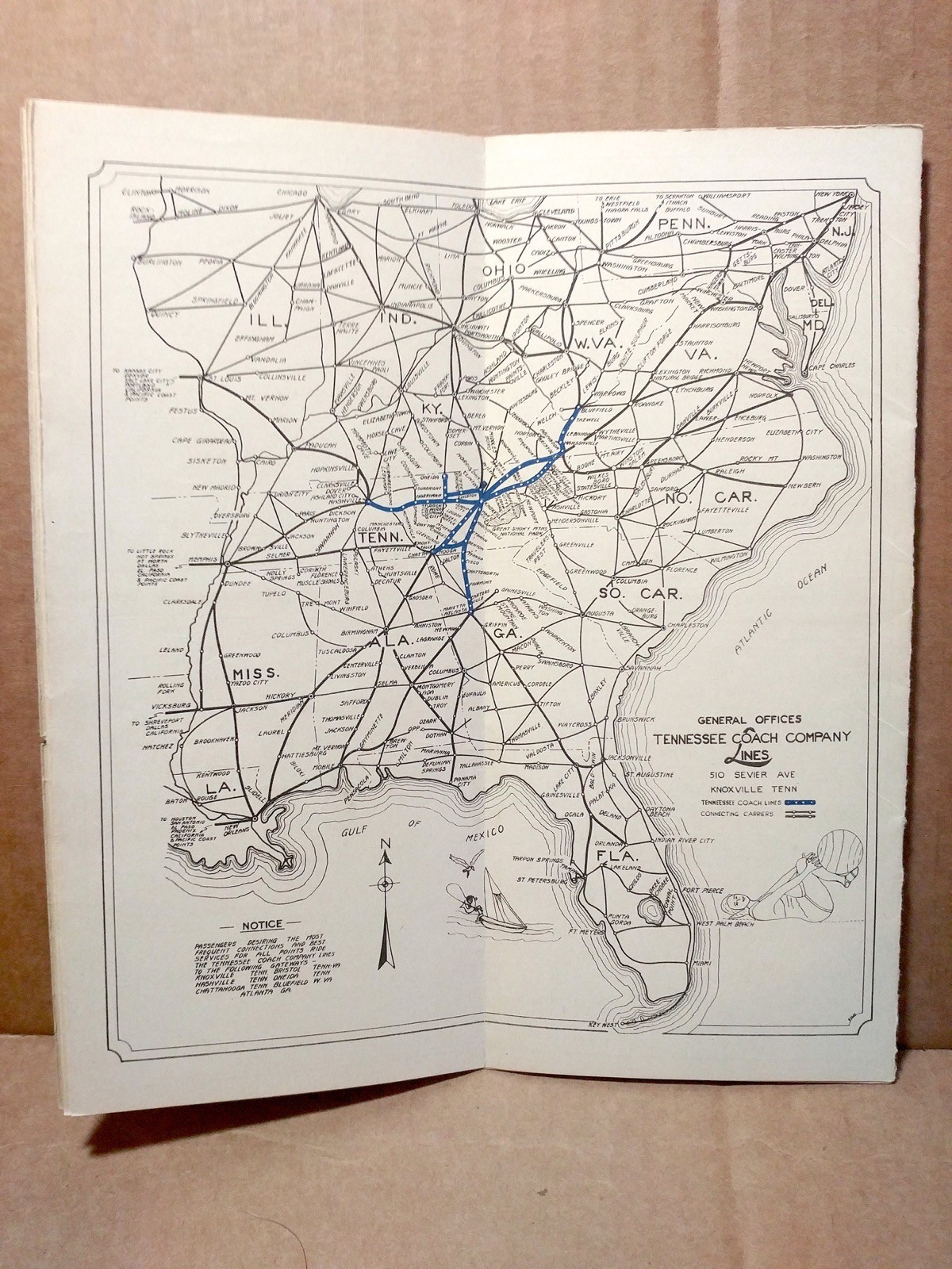 1937 Tennessee Coach Lines Bus Time Table Brochure Timetable TN ...