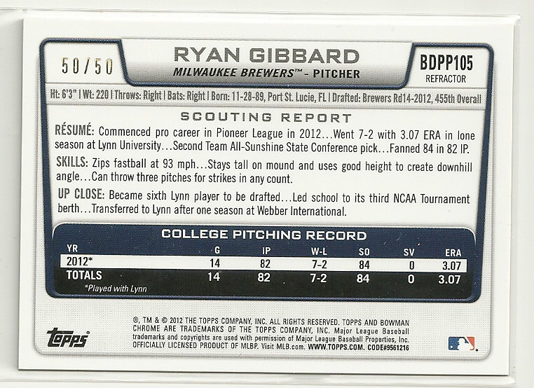 Ryan Gibbard 2012 Bowman Chrome Draft Picks Prospect GOLD Refractor #'d ...