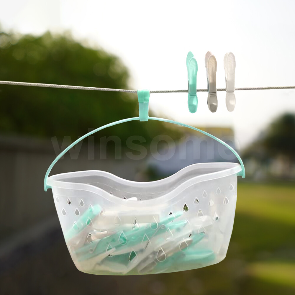 Peg Basket with 36 Plastic Clothes Pegs Washing Line Airer Laundry ...