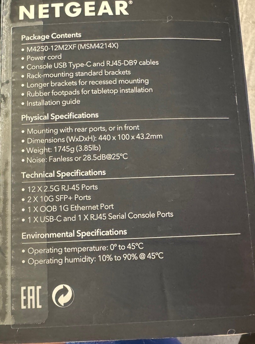 NETGEAR Msm4214x-100nas AV Line M4250-12m2xf 12x2.5g and 2xsfp Managed ...