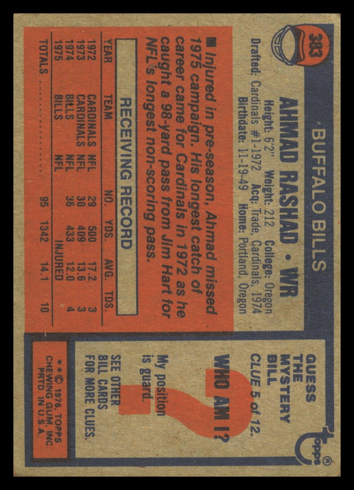 1976 Topps Football #383 Ahmad Rashad Buffalo Bills | eBay