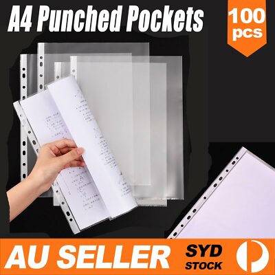 100pcs A4 Clear Plastic Punched Pockets Folders Filing Sleeves Document ...
