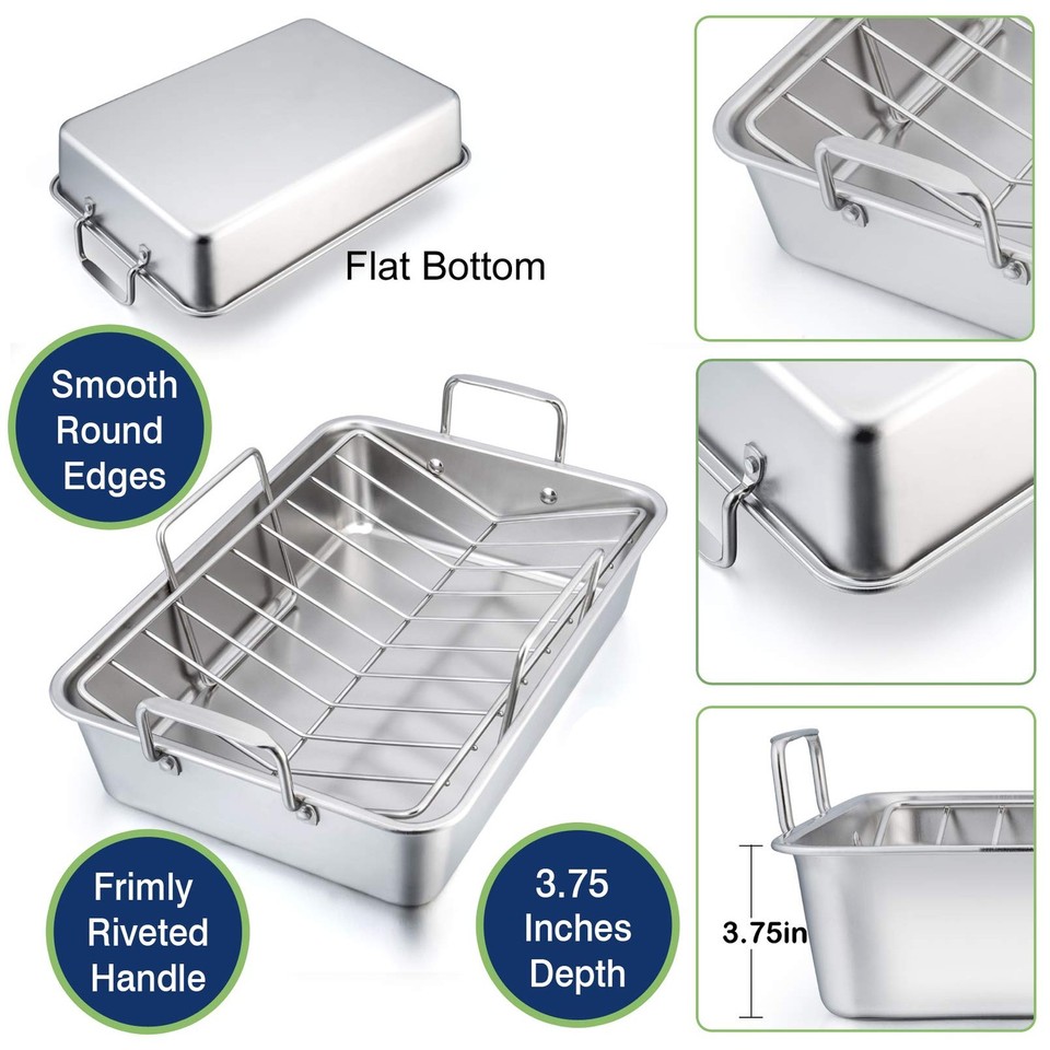 16" Roaster Roasting Pan with Baking Rack and V-shaped Rack, Stainless ...