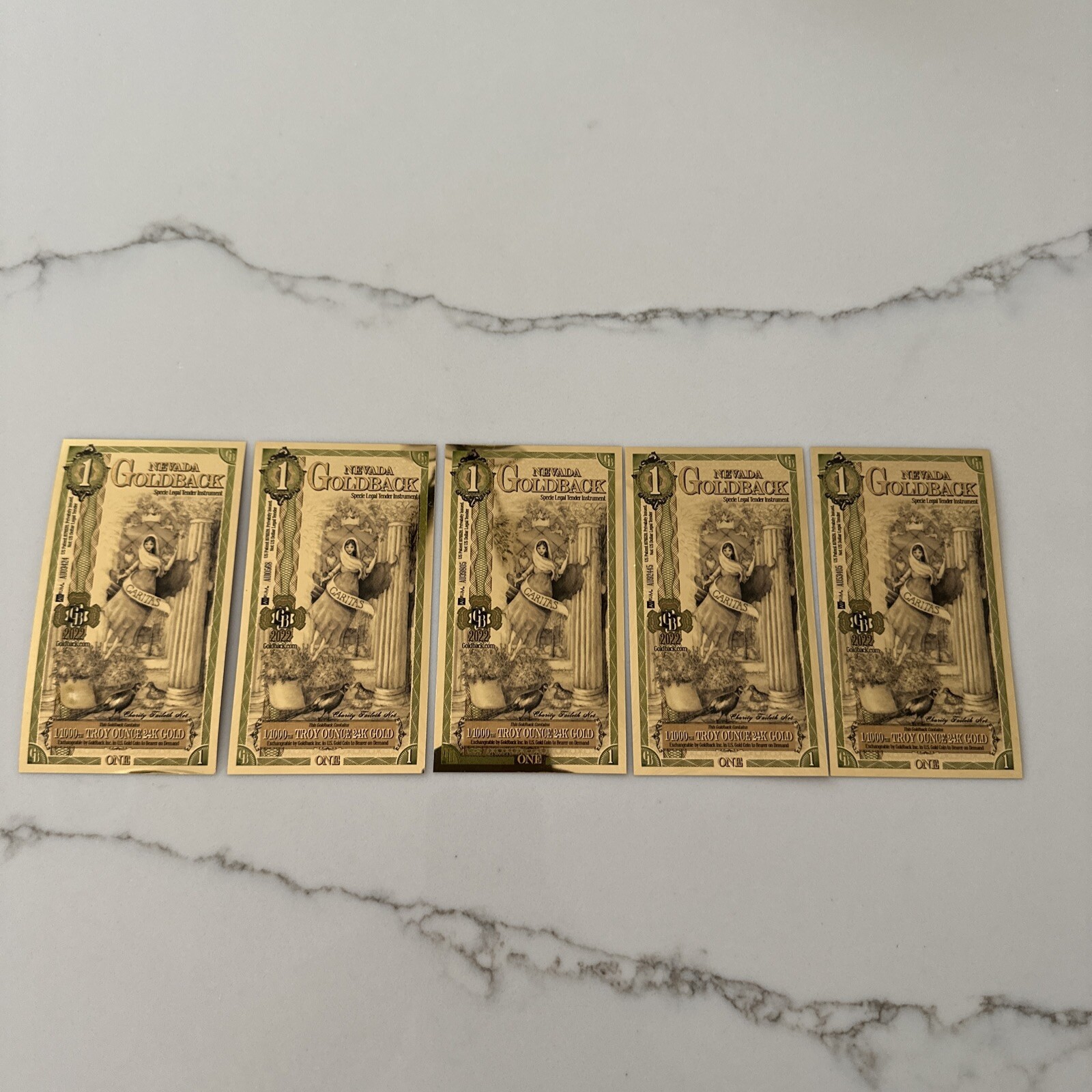 Lot Of 5 - 1 Nevada Goldback Gold Foil Note 1/1000 oz 24KT 999 Gold ...