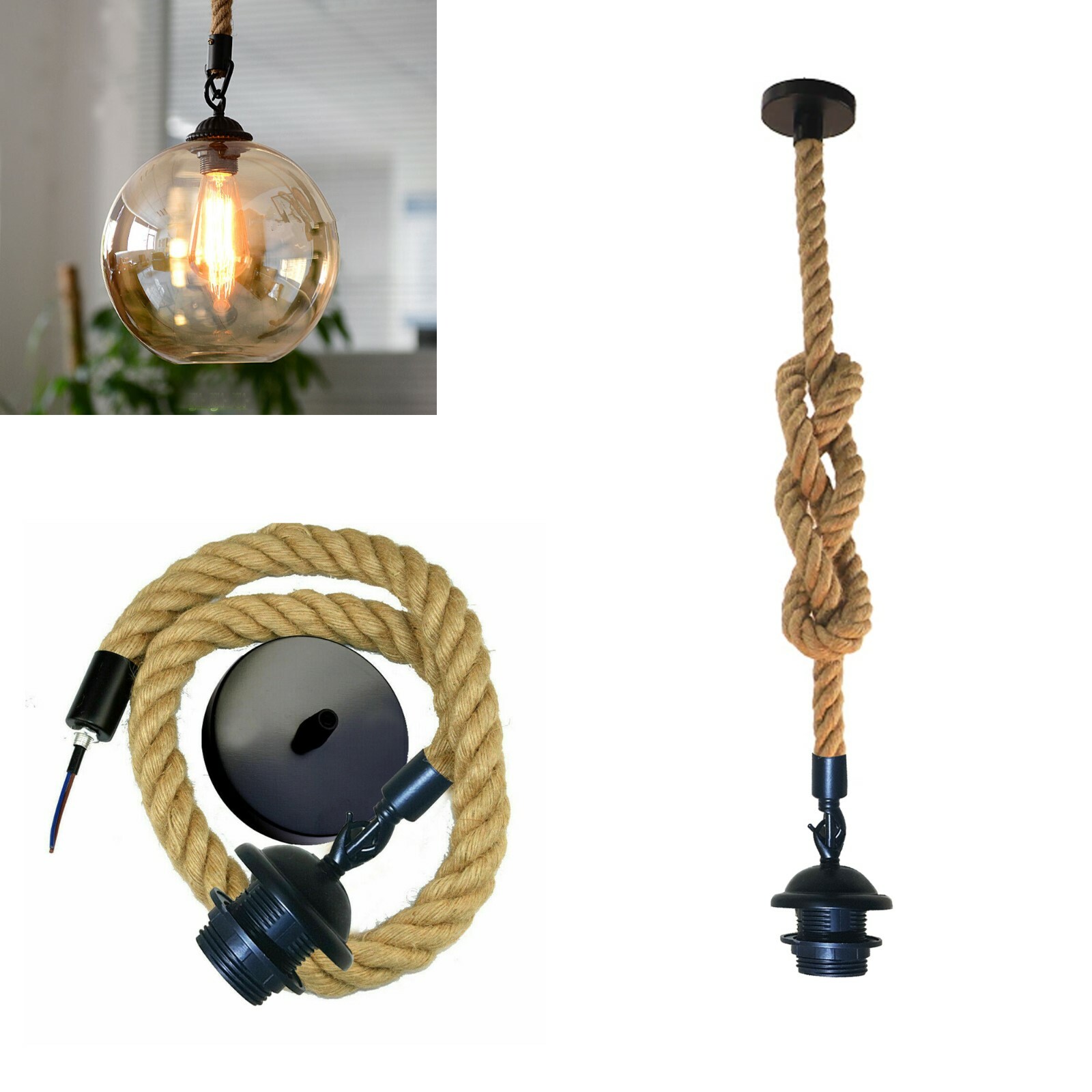 E27 Vintage Rustic Hemp Rope Pendant Lights Ceiling Light Hanging Retro ...