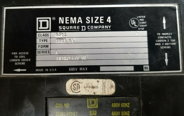 Square D Starter 8502 Sf01 Size 4 Contactor 120 V Coil for sale online ...