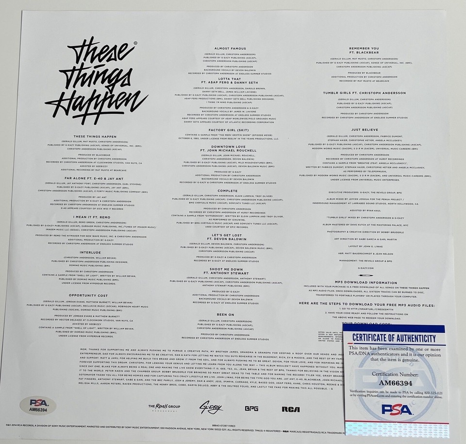 G EAZY SIGNED THESE THINGS HAPPEN VINYL INSERT + PSA COA | eBay