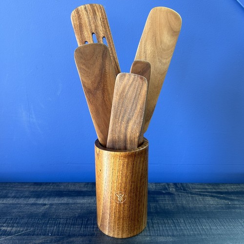 Set of 5 Wooden Spurtle Cooking Utensils Spatula Tools + Holder Kitchen ...