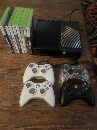 Used XBOX 360 E Console Bundle W/ 4 Controllers & 8 Games (Read ...