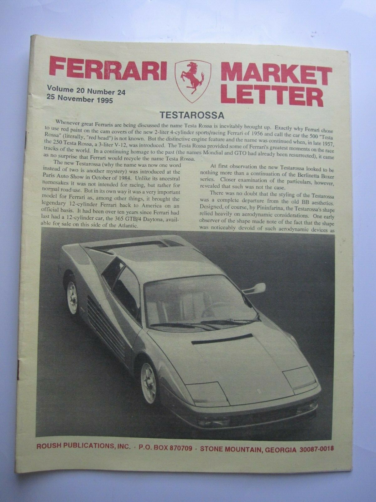 FERRARI MARKET LETTER NOVEMBER 1995 WITH TESTAROSSA ON COVER | eBay