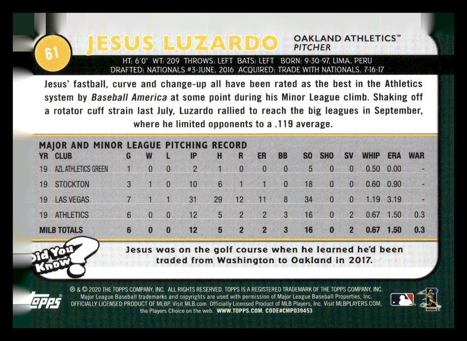 2020 Topps Big League Jesus Luzardo Rookie 61 Oakland Athletics | eBay