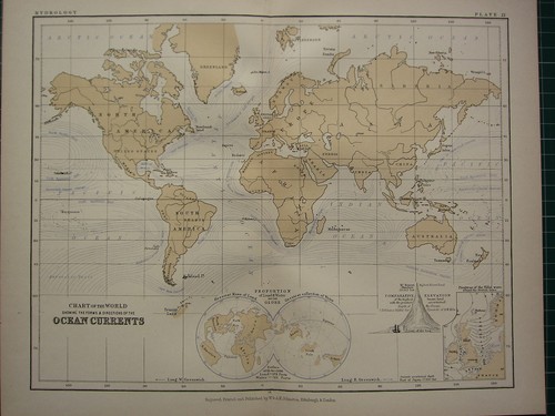 1892 VICTORIAN MAP ~ CHART OF THE WORLD SHOWING OCEAN CURRENTS FORMS ...