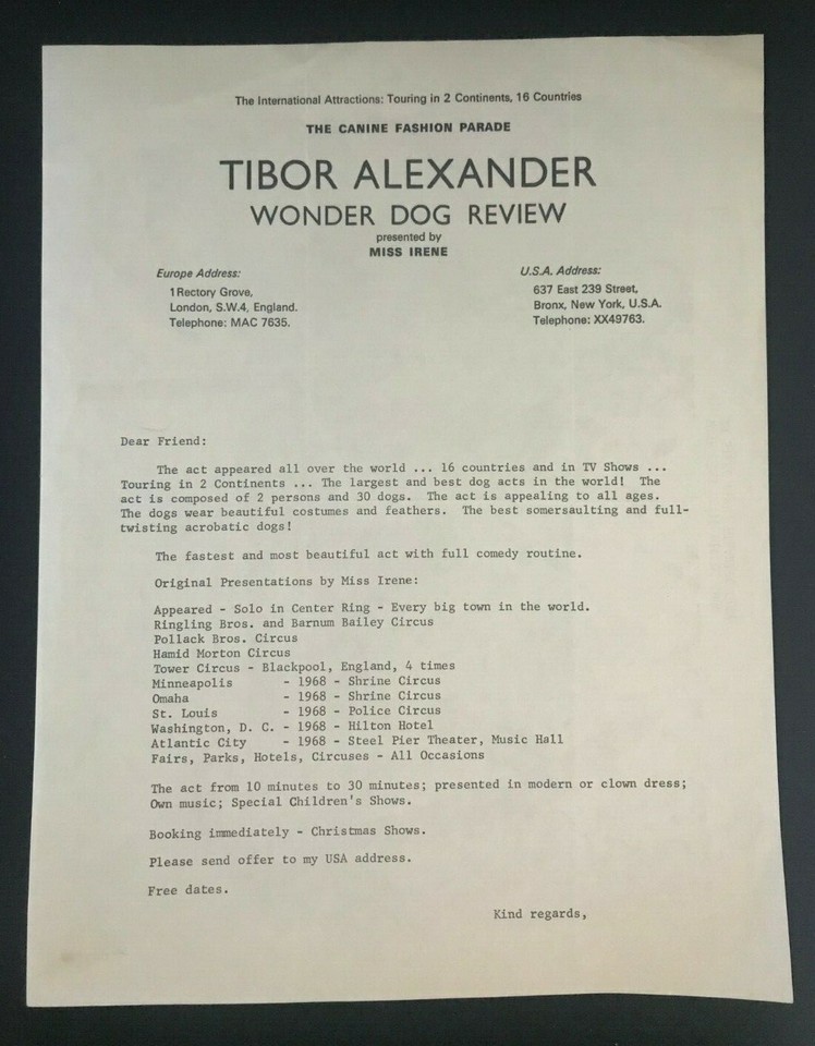 Promo Flyer for "Tibor Alexander Wonder Dog Revue" presented by Miss ...