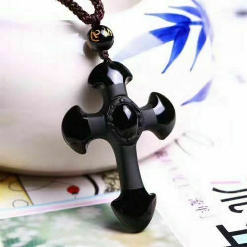 Natural crystal black obsidian cross necklace Amulet pendant with chain ...