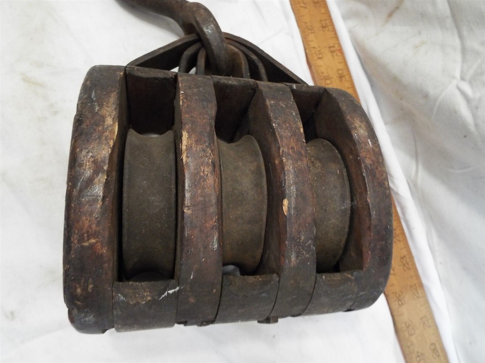 Antique Wood Iron Hook Snatch Block Triple Pulley Farm Barn Tool Hoist ...