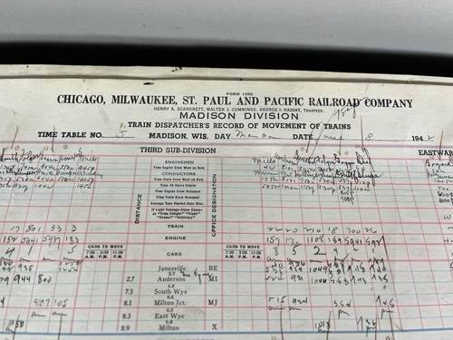 Milwaukee Road Dispatcher Train Sheet Madison Division June 8th 1942 | eBay